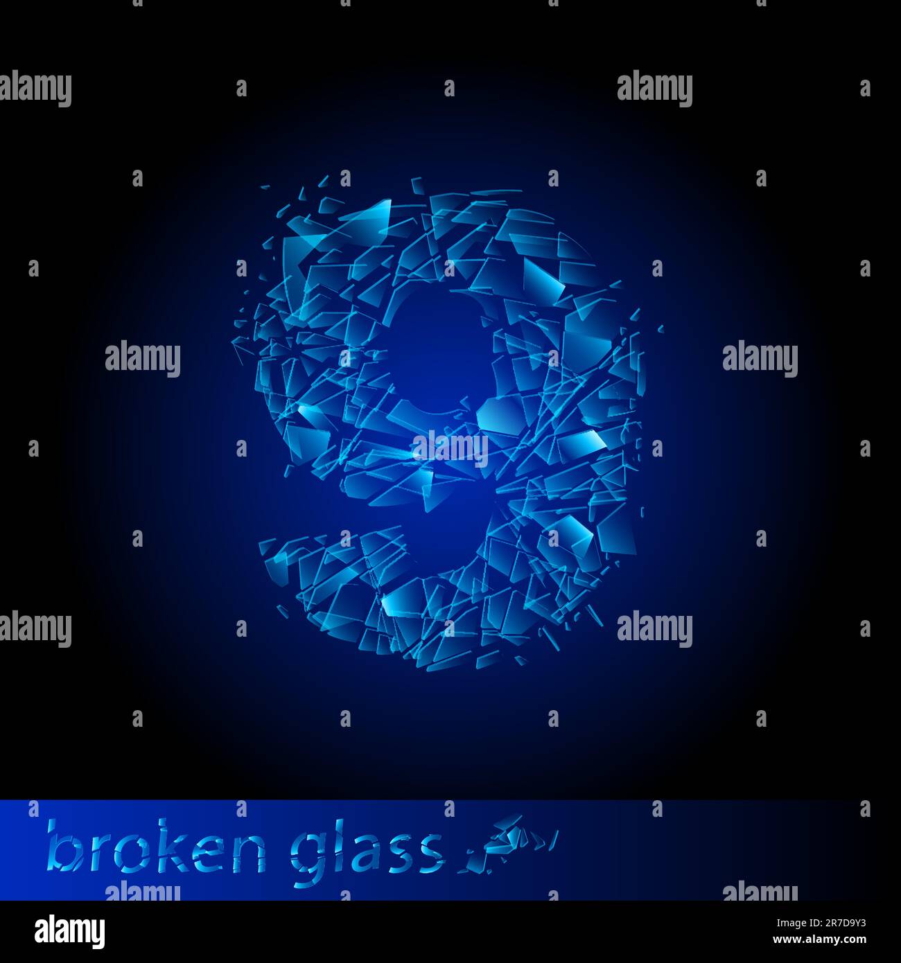 One symbol of broken glass - digit nine. Illustration on black ...
