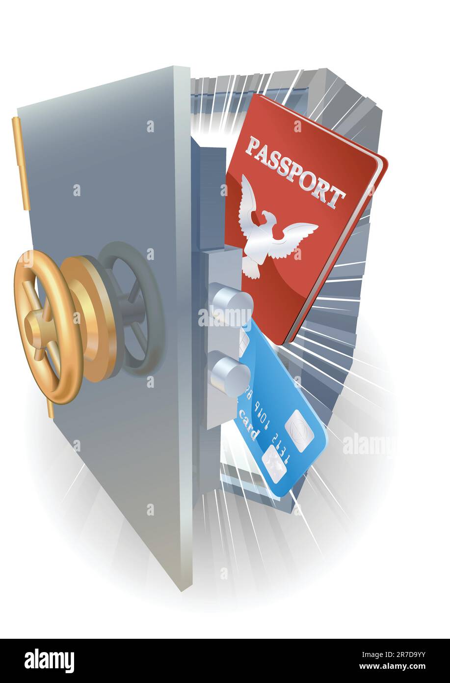 Identity protection concept. Credit card and passport in metal safe ...