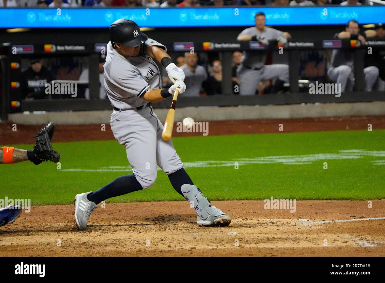 FLUSHING, NY - JUNE 14: New York Yankees Shortstop Anthony Volpe (11) hits a double during the ...