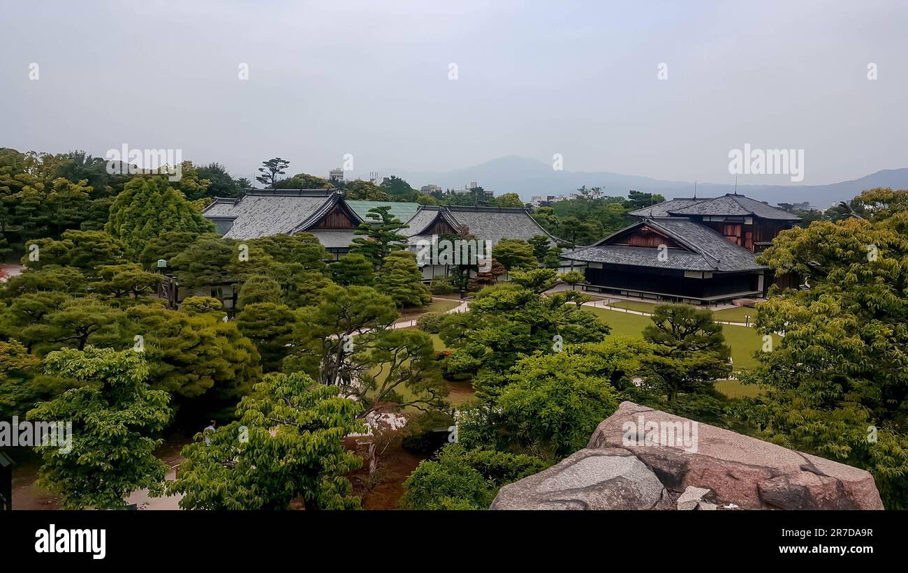 An aerial view of traditional buildings nestled among tall trees and ...