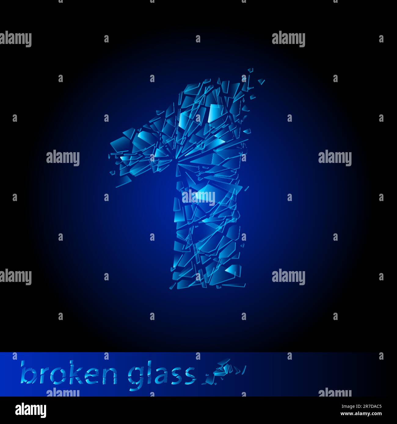 One symbol of broken glass - digit one. Illustration on black ...