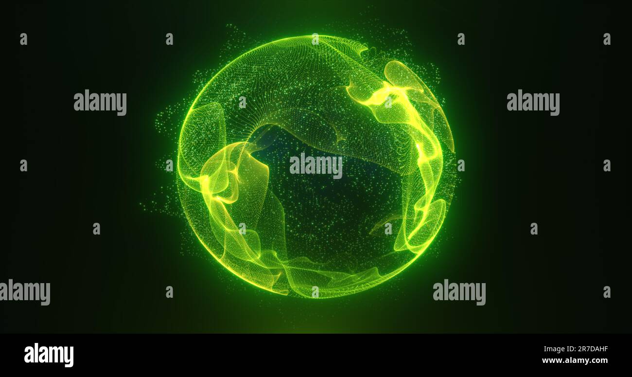 Abstract green energy sphere of particles and waves of magical glowing ...
