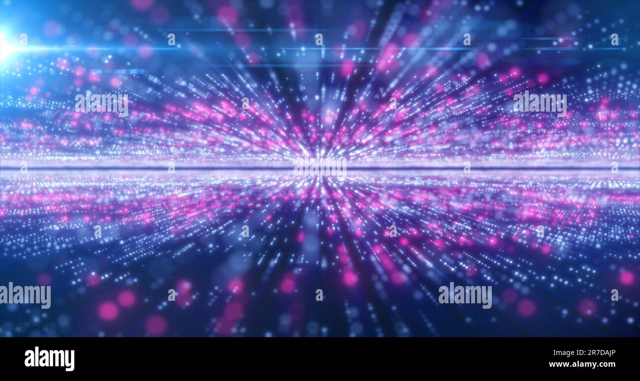 Abstract purple energy hi-tech lines and digital particles fly in a ...