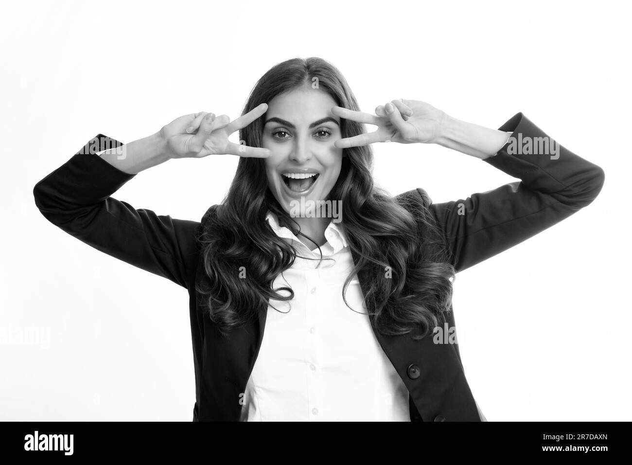 Business woman with victory sign. Happy positive funny businesswoman ...