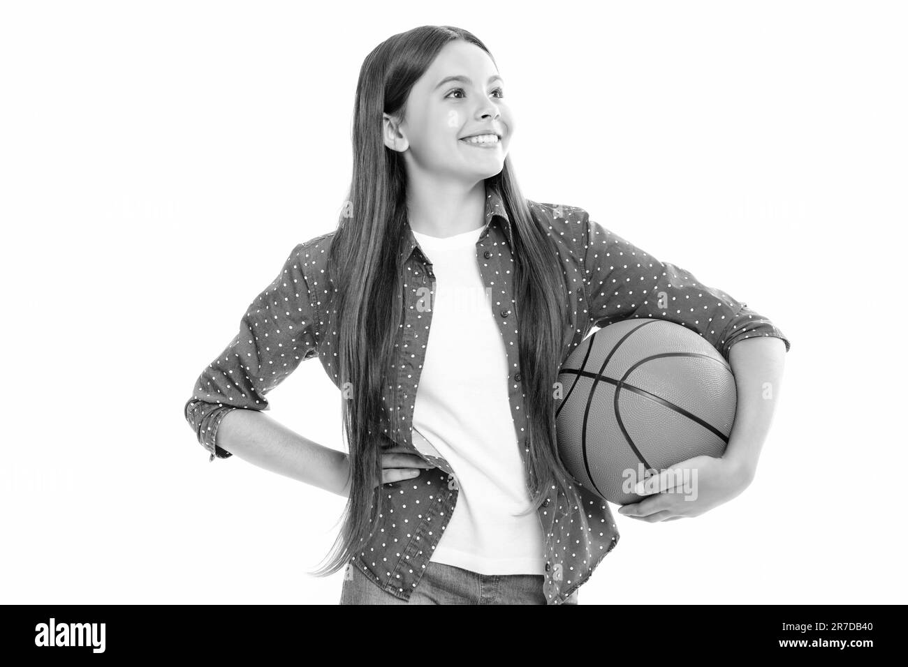 Teenage school child girl basketball player standing on white ...