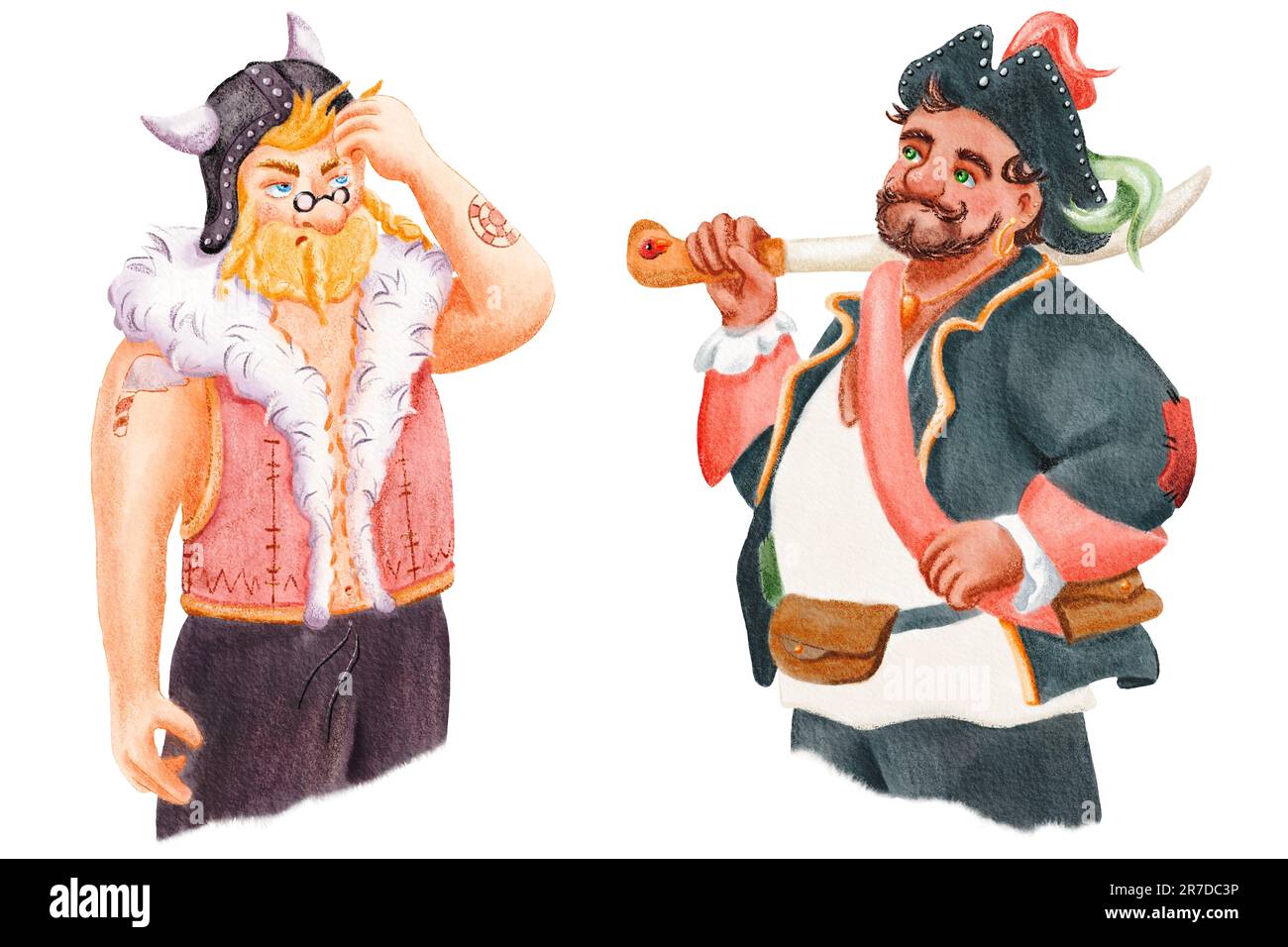 Set of cartoon cute pirate in hat and ancient Scandinavian Viking in ...