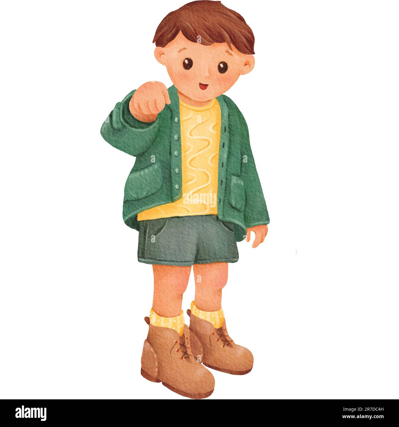 Watercolor isolated illustration. boy holds it in his hand. Pose: the ...