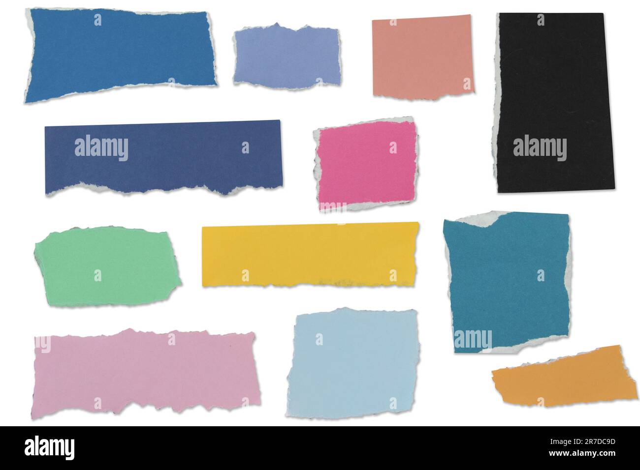Coloured ripped squares of paper on white background scrapbook. Copy ...