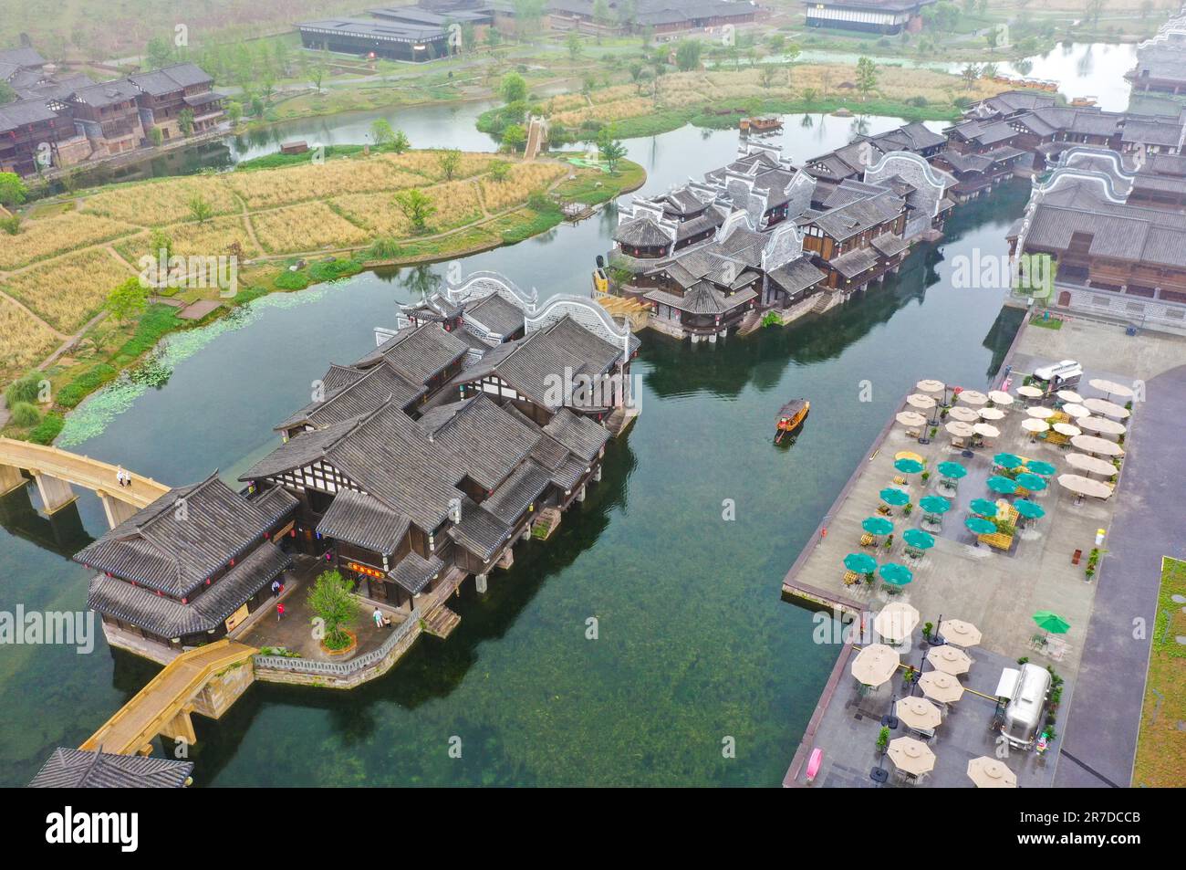 Aerial photo shows the scenery of Lizhuang ancient town in Yibin City ...