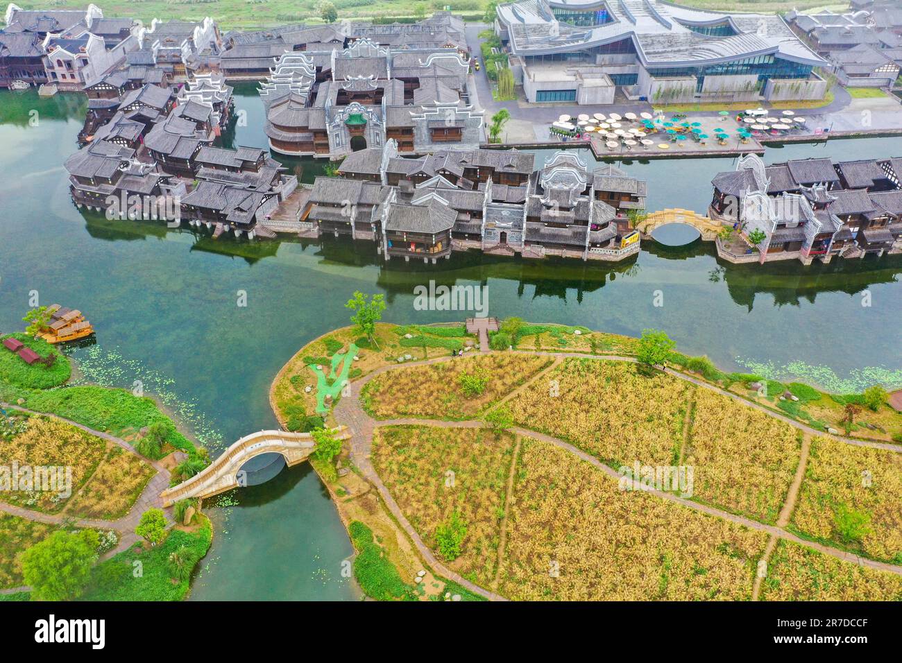 Aerial photo shows the scenery of Lizhuang ancient town in Yibin City ...