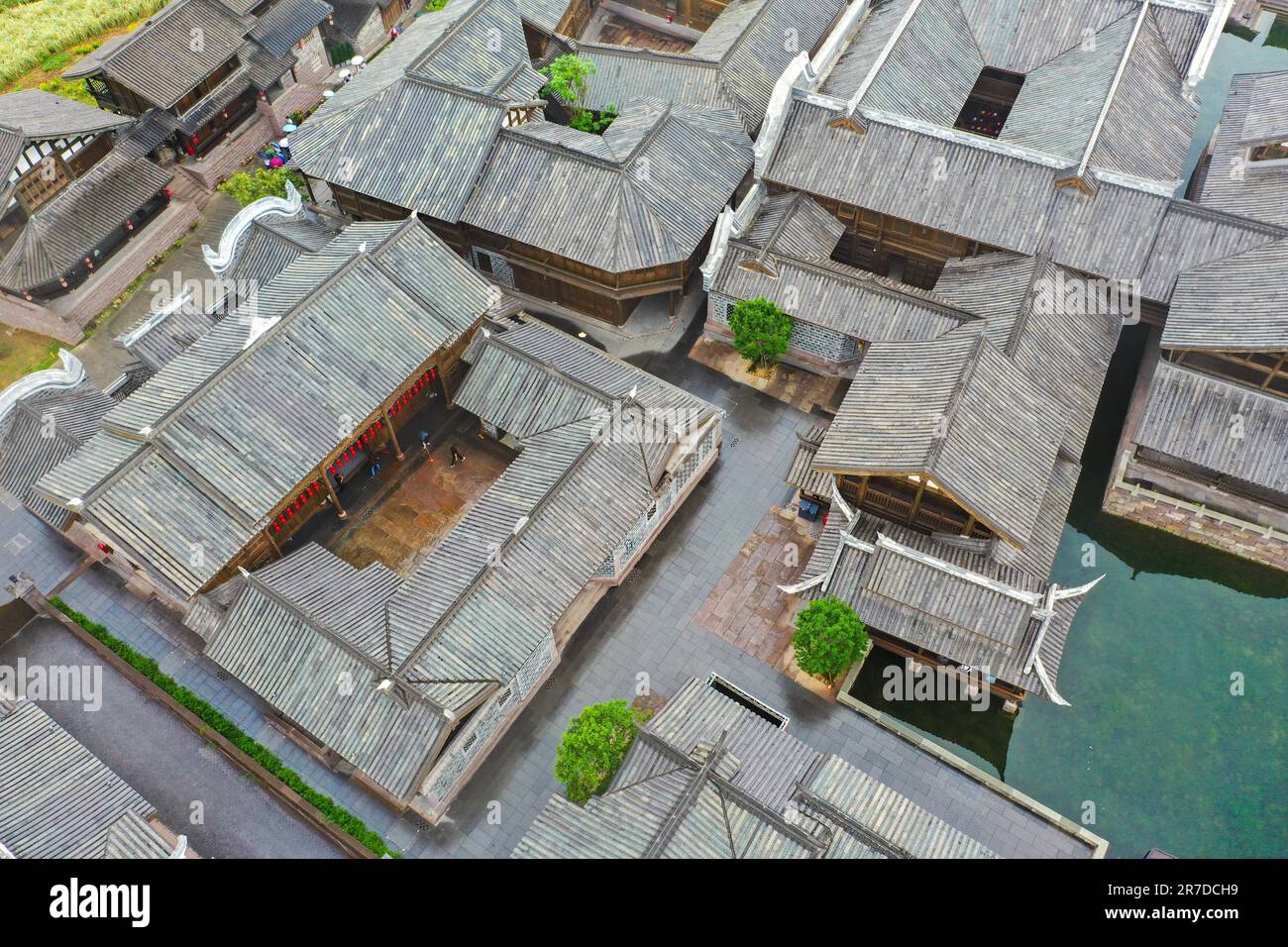 Aerial photo shows the scenery of Lizhuang ancient town in Yibin City ...