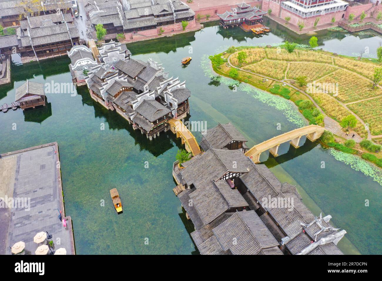 Aerial photo shows the scenery of Lizhuang ancient town in Yibin City ...