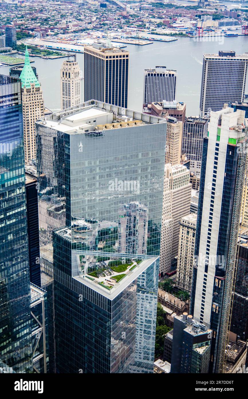 An aerial view of a bustling cityscape with towering skyscrapers and ...
