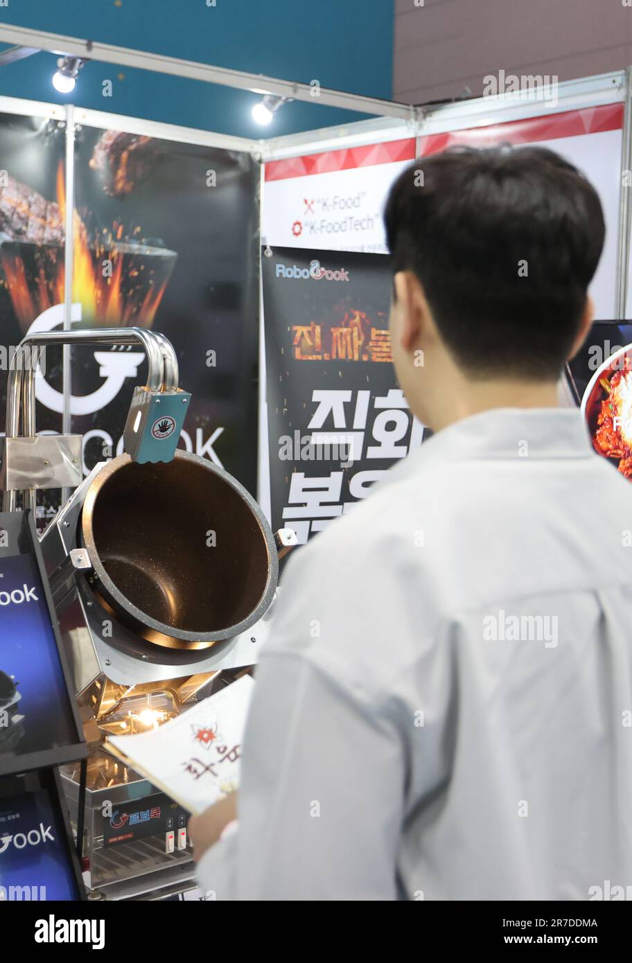 15th June, 2023. Meat exhibition A visitor looks at a robot that can ...