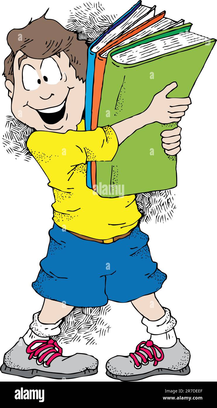 Cartoon image of a boy holding a bunch of books ready for school Stock ...