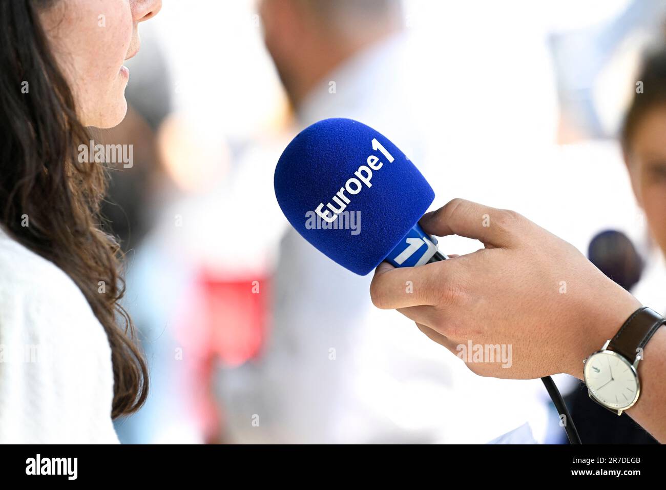 Paris, France. 14th June, 2023. Illustration picture shows a microphone ...