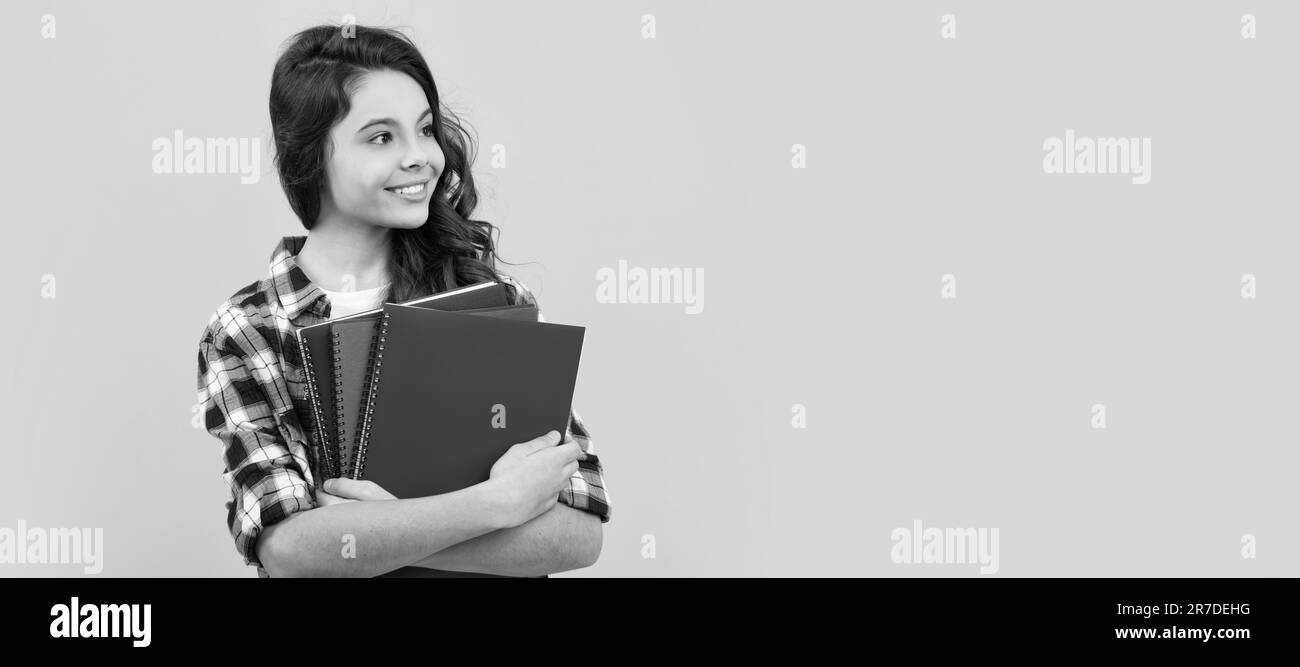 smiling school teen girl ready to study with notebooks, school ...
