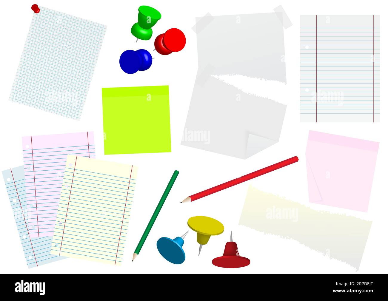 Set of Office Stationary - Papers, Memo Notes, Pencils and Thumbtacks ...
