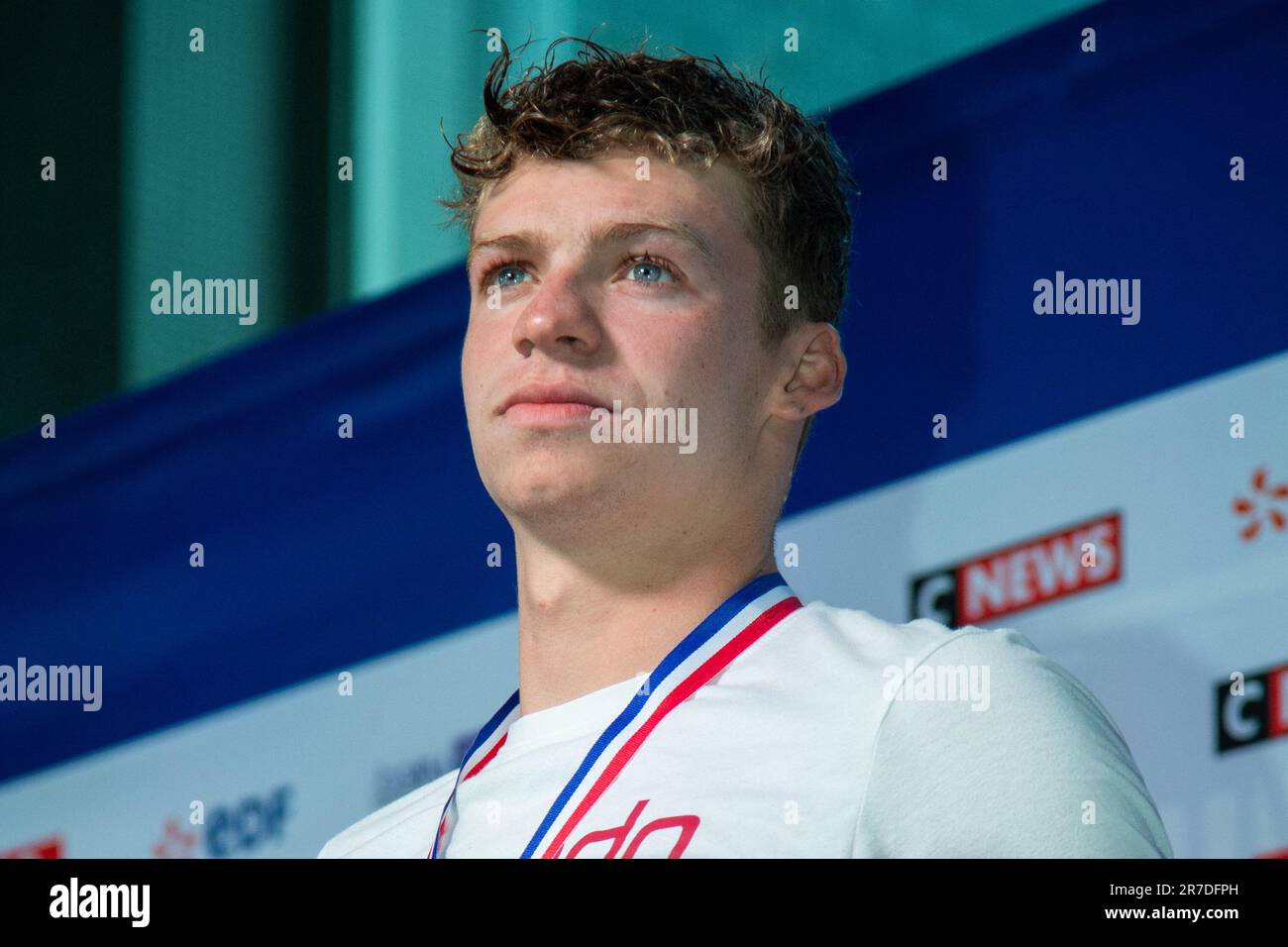 Winner Leon Marchand poses during the Swimming French National ...