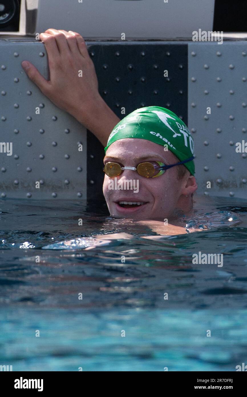 Leon Marchand trains during the Swimming French National Championships ...
