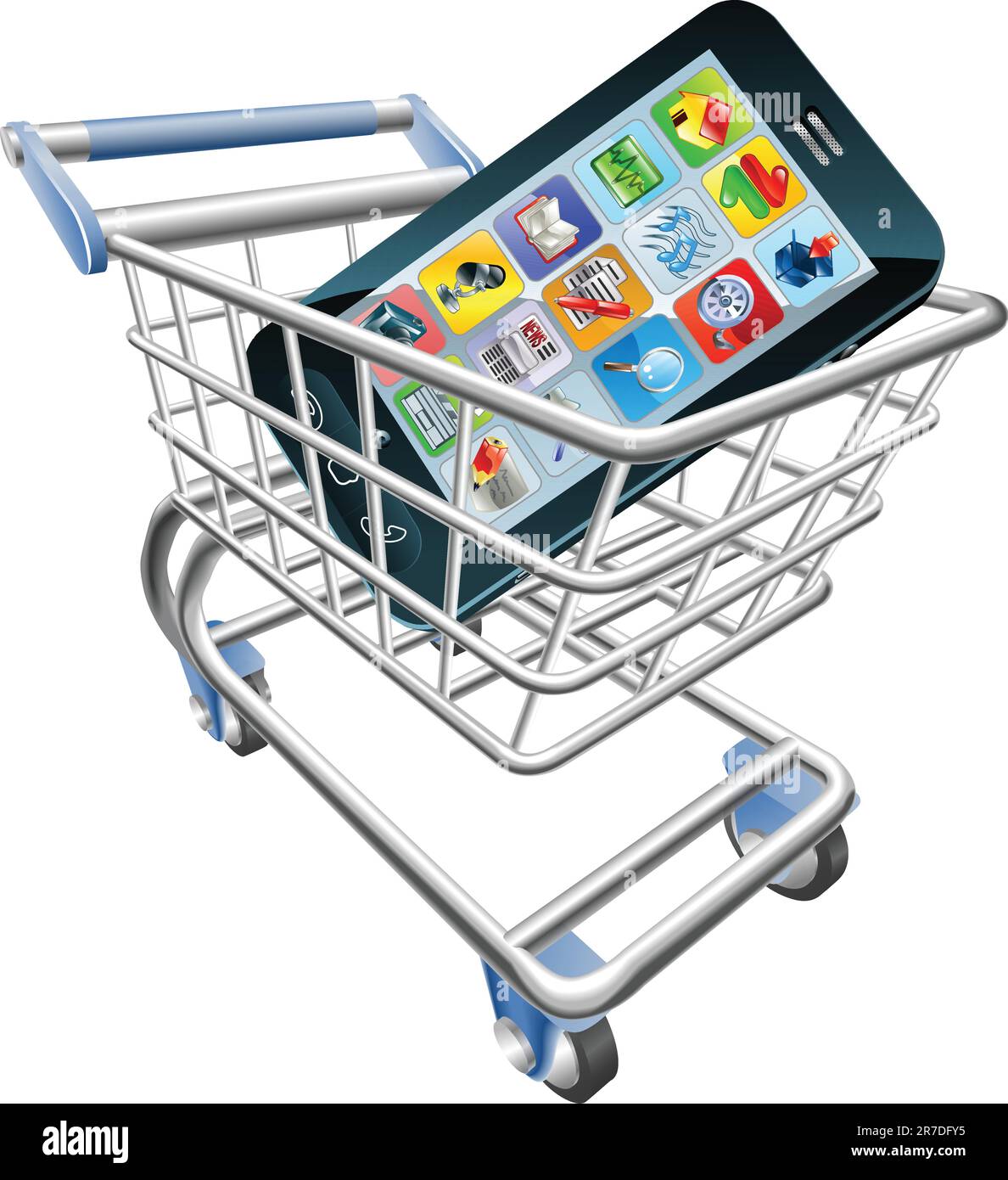 An illustration of a shopping cart trolley with smart phone mobile ...