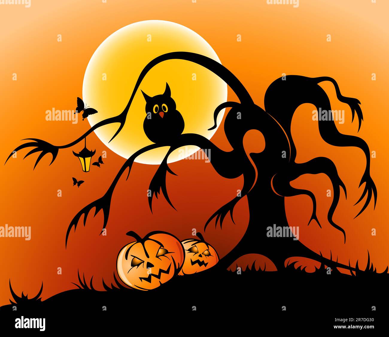 halloween background with pumpkin, owl and silhouette of tree by moon ...
