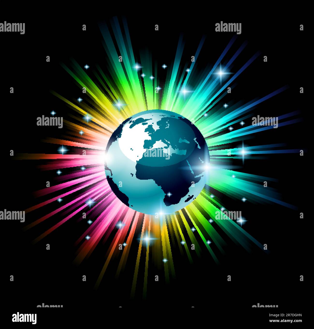 Accurate Earth Globe 3D illustration with a rainbow light explosion ...