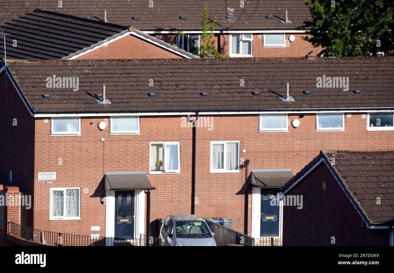 A high level view of the roofs of terraced houses in Ardwick district ...
