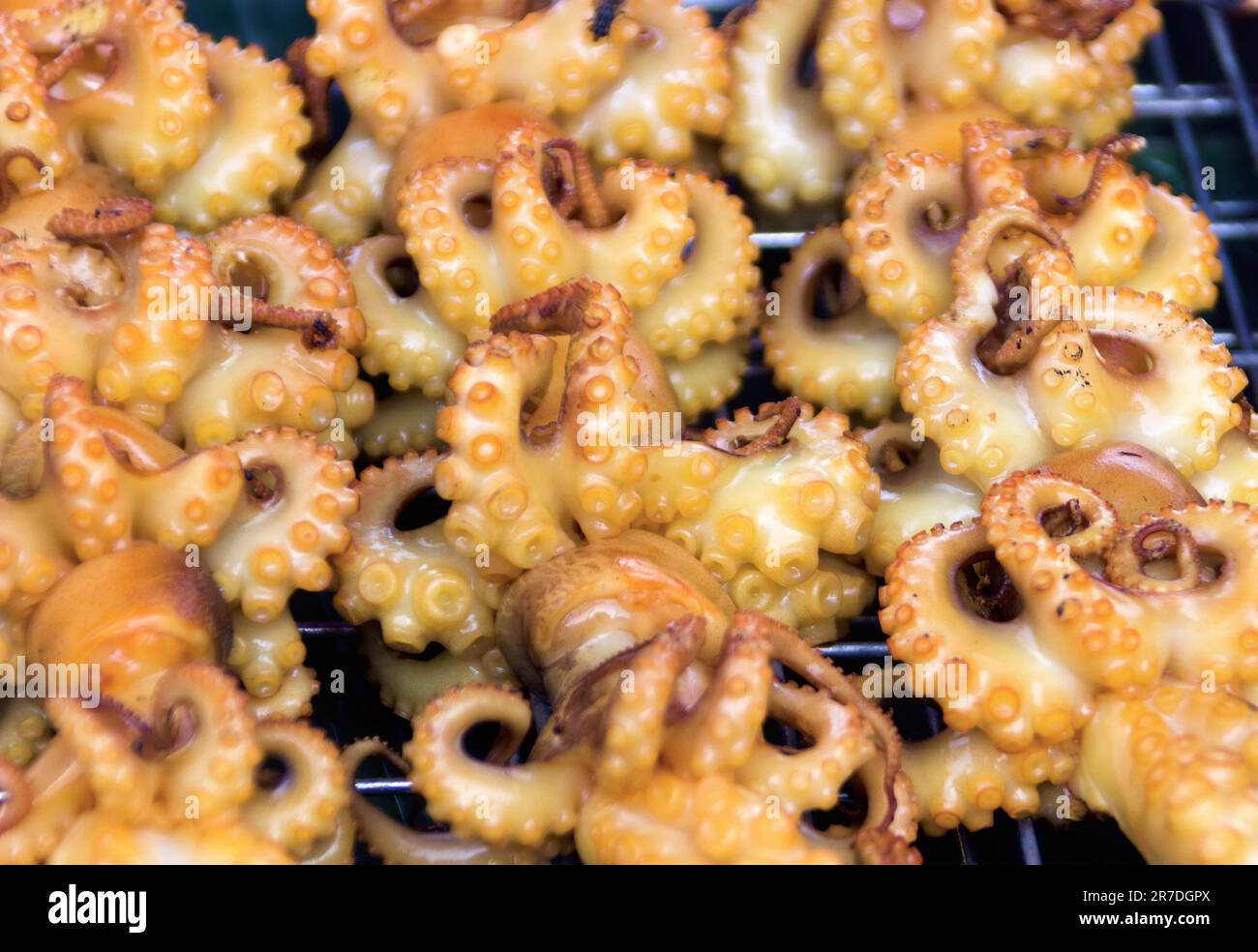 Thai cuisine. Grilled small octopuses Stock Photo - Alamy