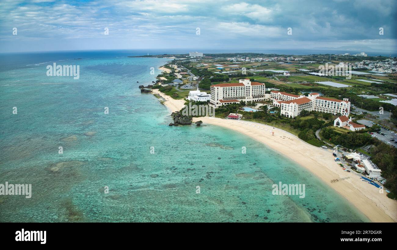 Aerial view of Yomitan Village, Cape Zanpa, Okinawa, Japan, with beautiful turquoise waters of ...
