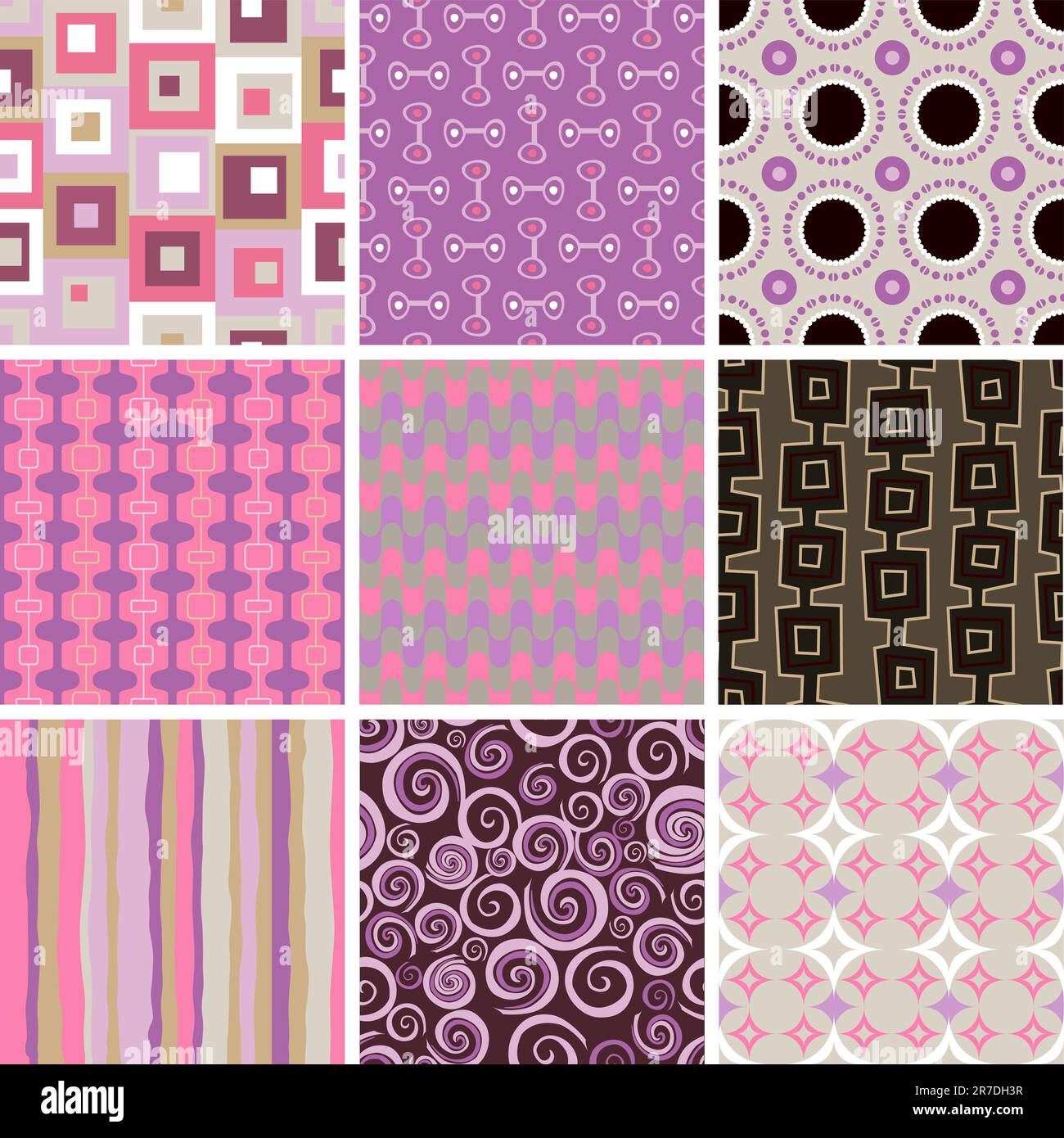 Collection of nine retro style, seamless patterns, of pink and purple ...