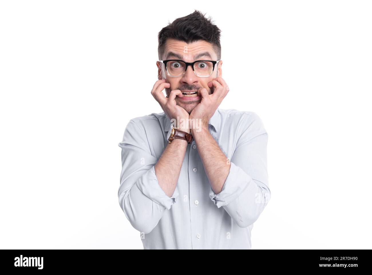 scared man in panic in studio. scared man in panic feel fear. photo of ...