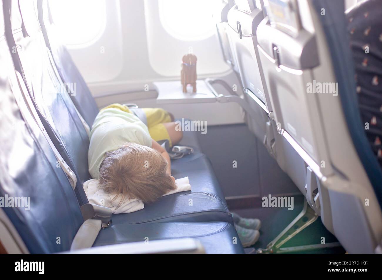 Cute preschool child, boy, flying on a long distant flight, sleeping in ...