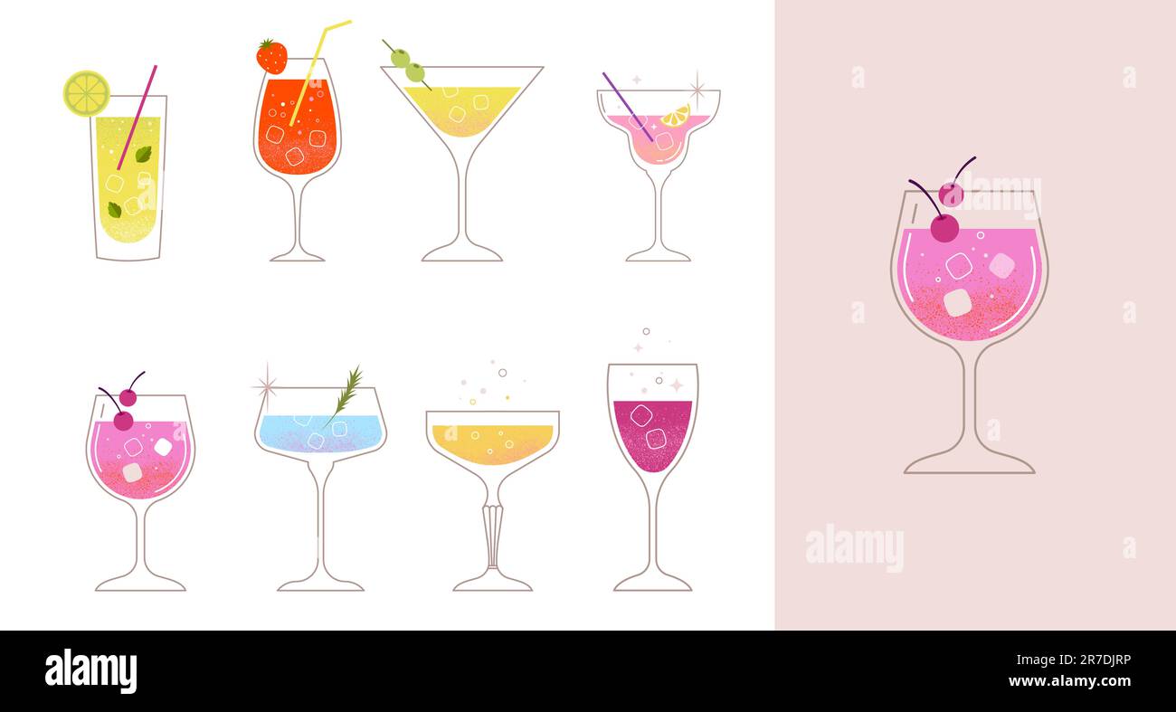 Modern flat summer cocktails collection. Colorful background with ...