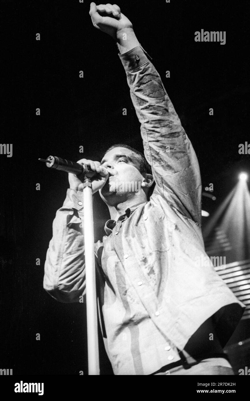 ROBBIE WILLIAMS, SINGER, FIRST TOUR, 1997: Robbie Williams playing live ...