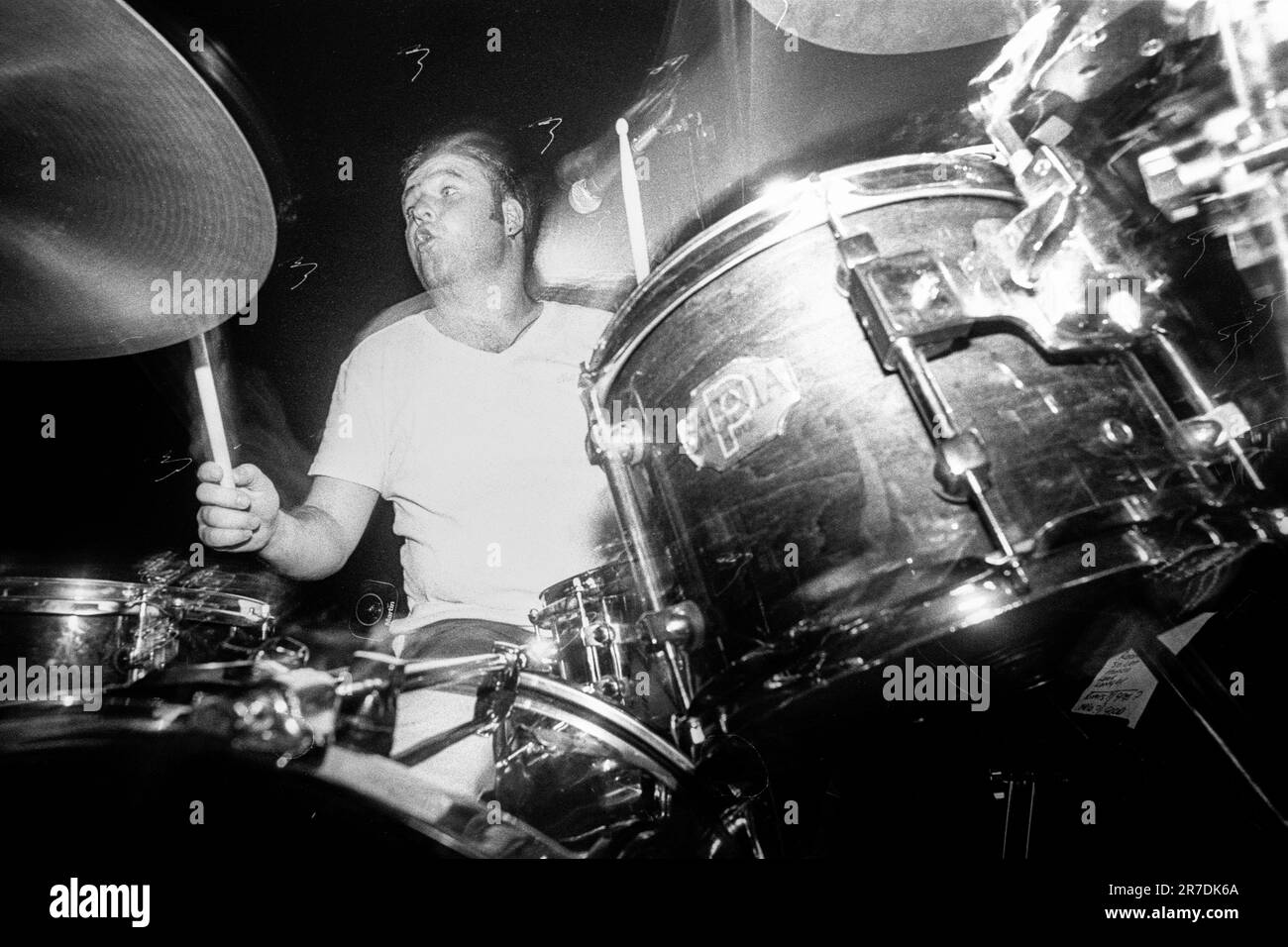 Mathew Priest drummer of Britpop band Dodgy playing at Glamorgan ...