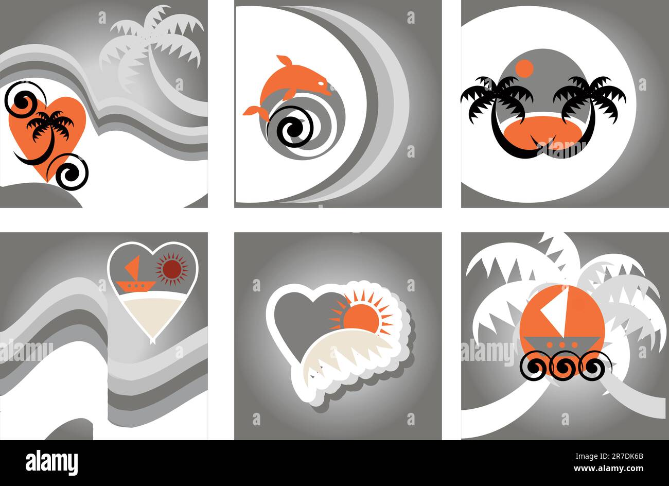 Set of six colorful Tropical Background, cards with beach emblems Stock ...