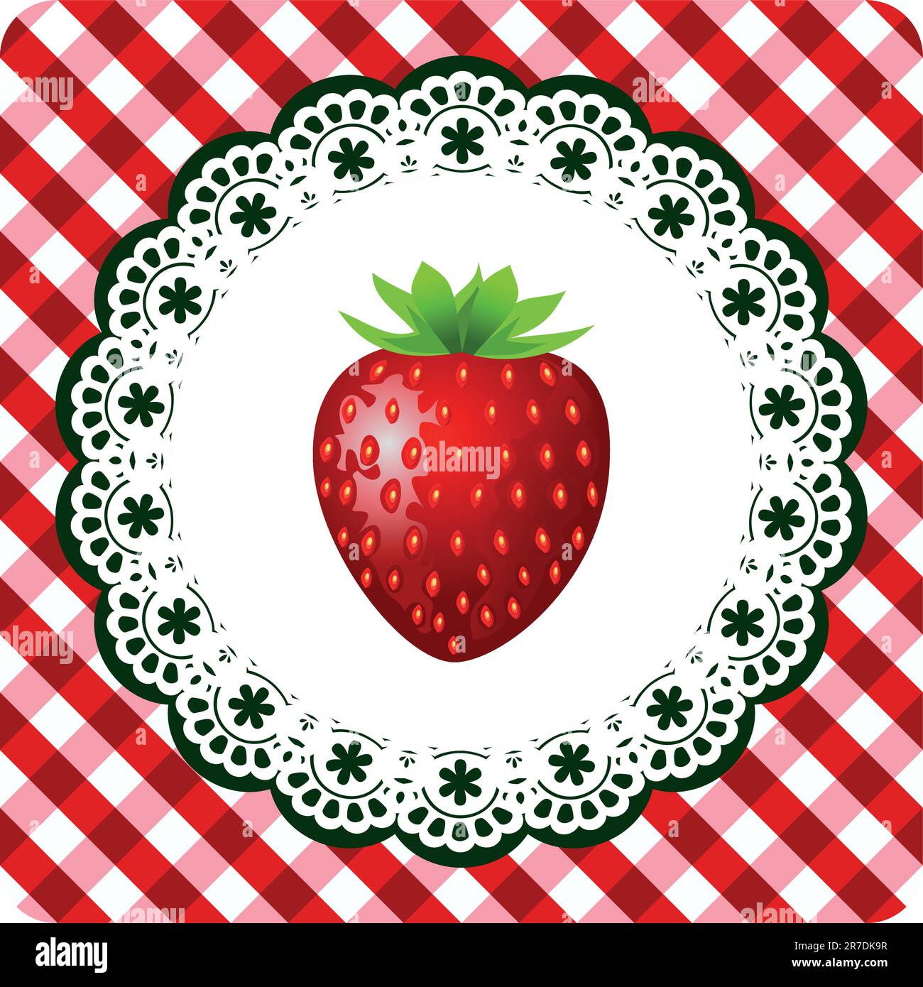 Illustration of red strawberry on lace frame and checkered red white ...