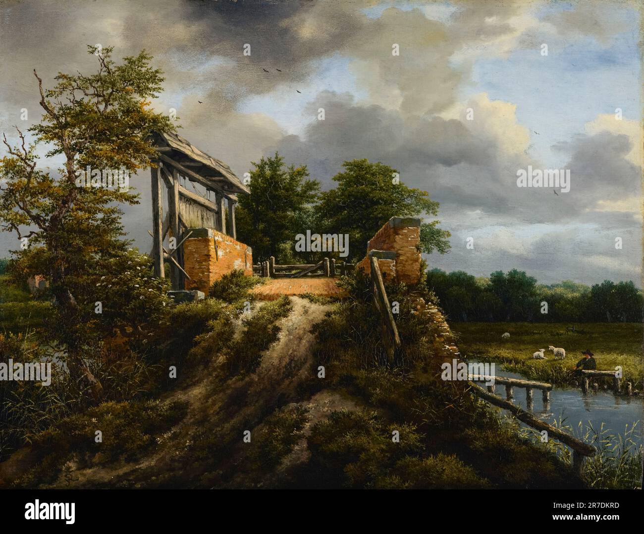 Jacob van Ruisdael, Bridge with a Sluice, landscape painting in oil on panel, 1648-1649 Stock ...