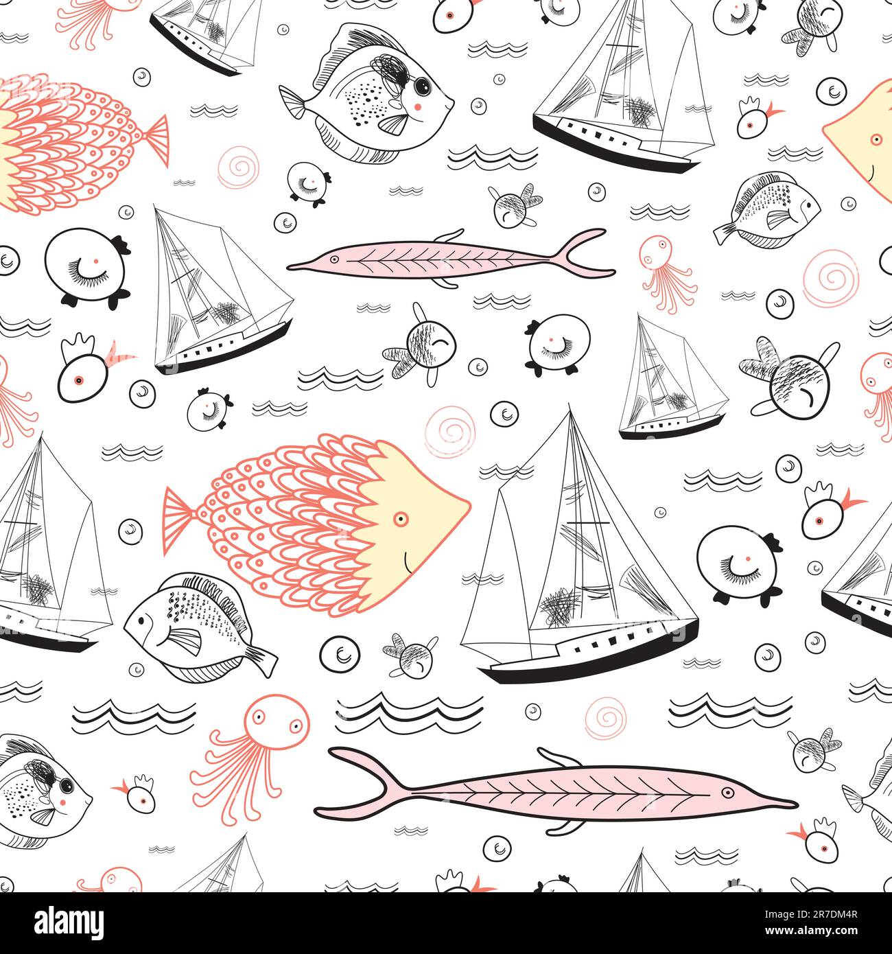 seamless pattern of marine fish and ships on a white background Stock ...