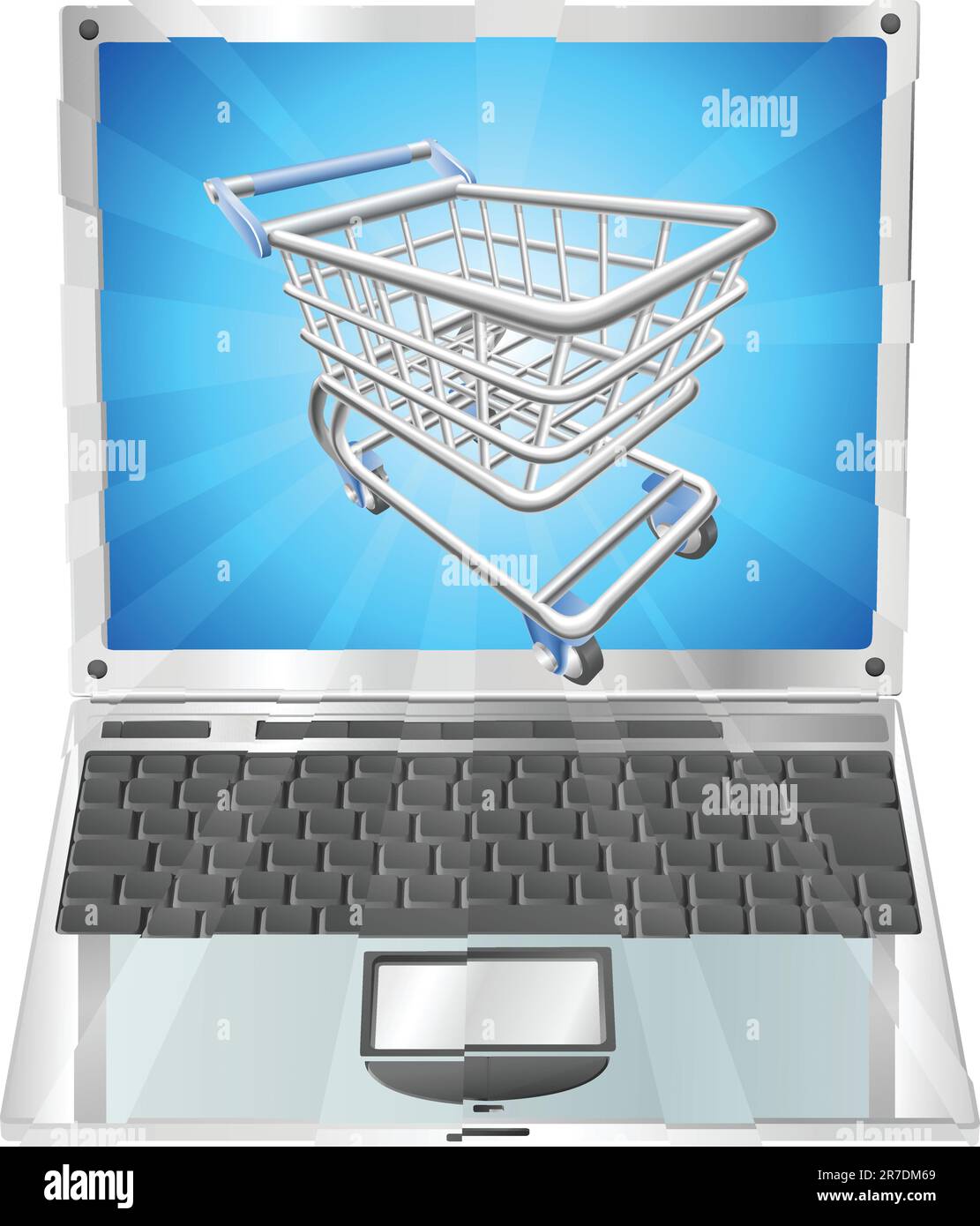 Internet shopping laptop concept illustration. Shopping cart flying out ...