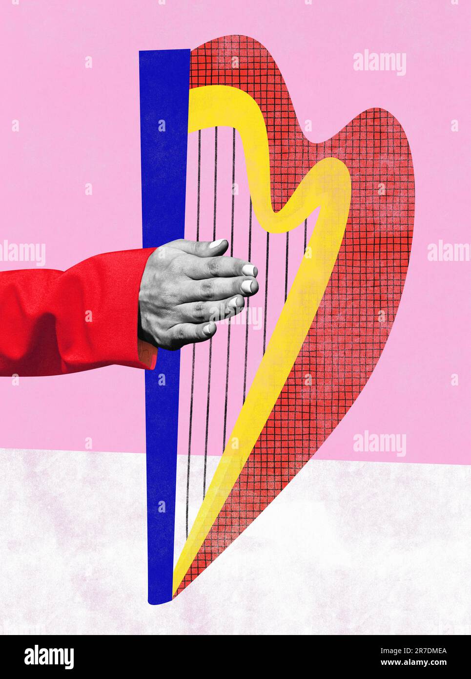 Female hand playing harp against pink background. Lovely tender melody ...
