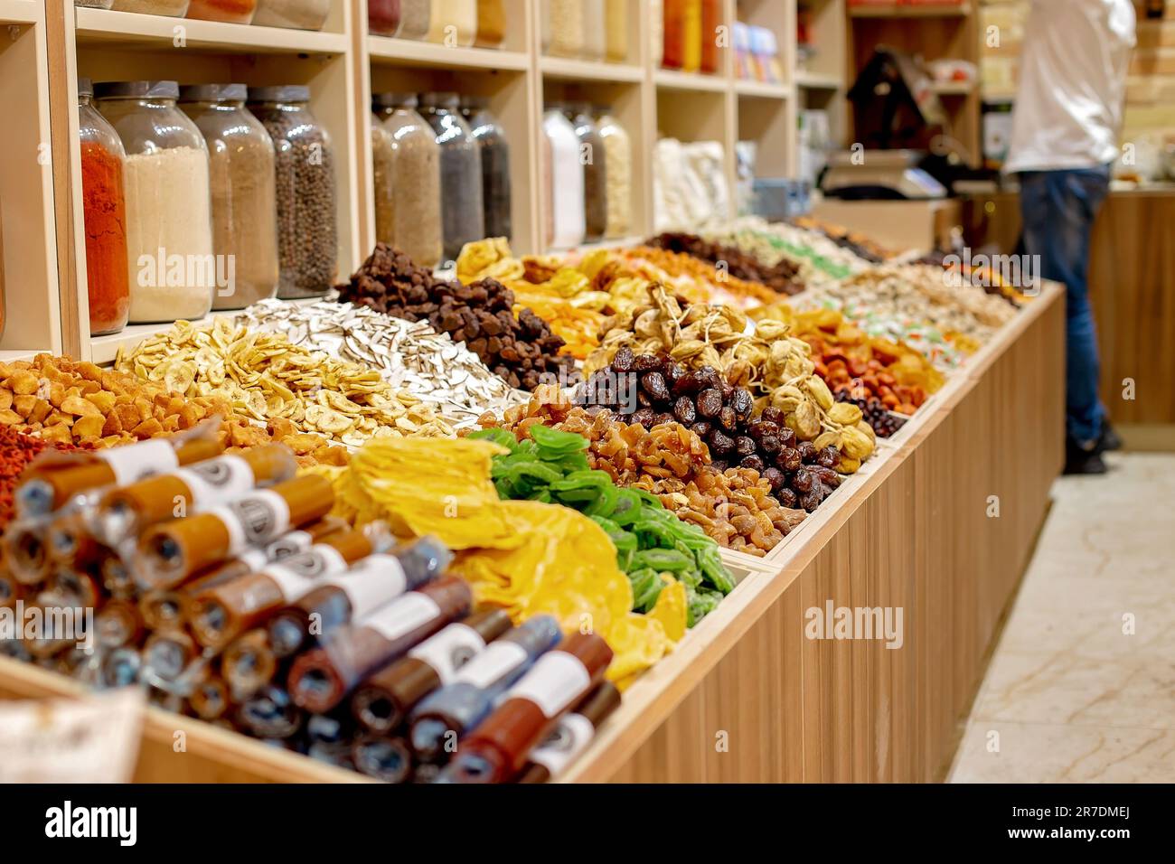 Food market in Jerusalem, bowls with dried fruit and traditional ...