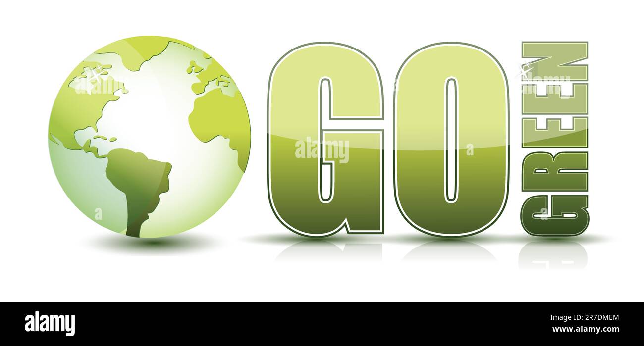 go green text illustration with globe isolated over a white background ...