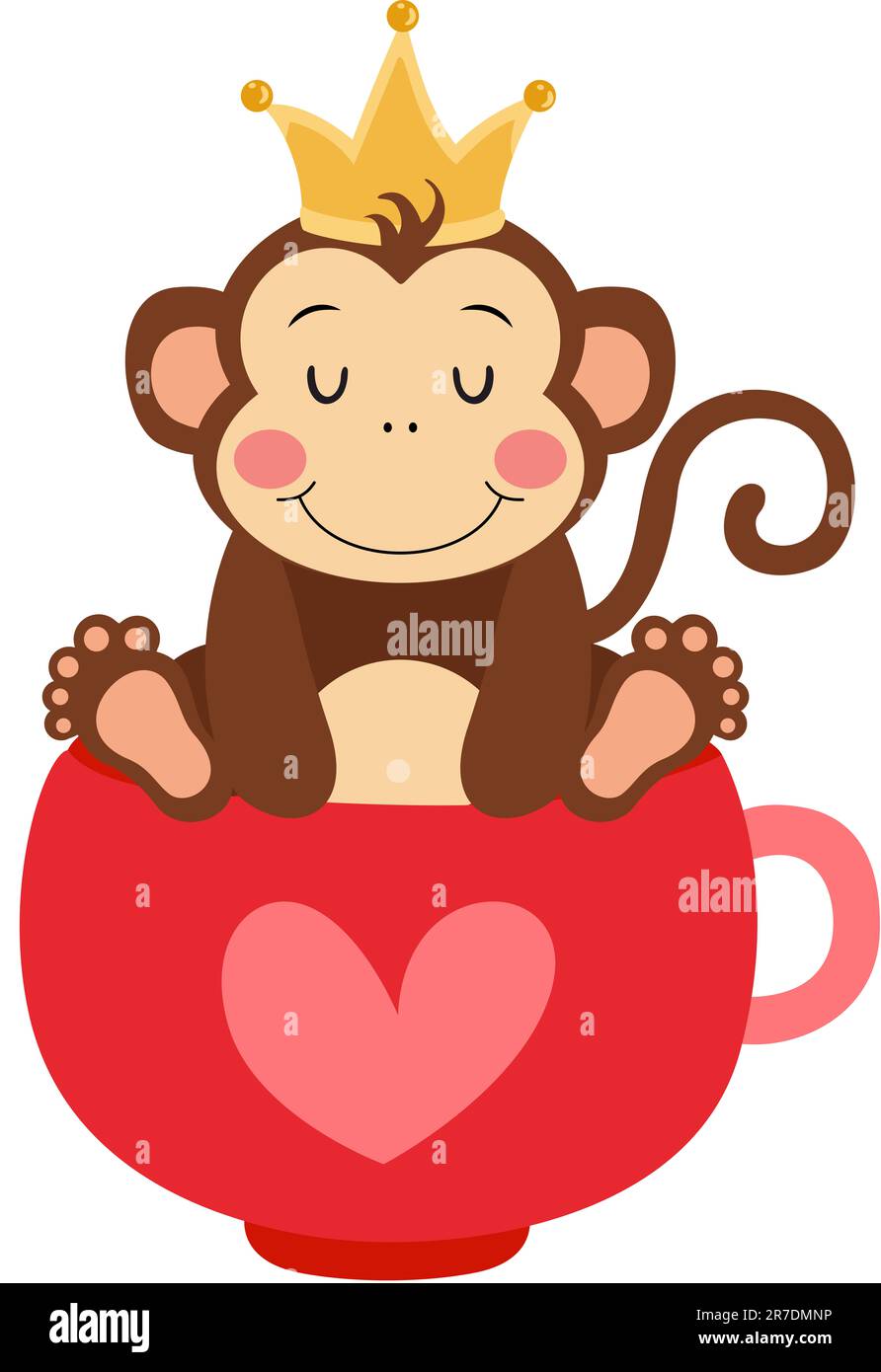Cute monkey with crown on head inside love cup Stock Photo - Alamy