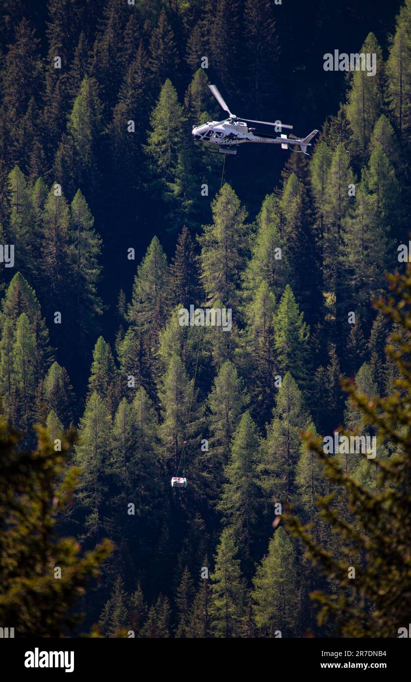 helicopter flight transport over the forest in swiss alps Stock Photo ...