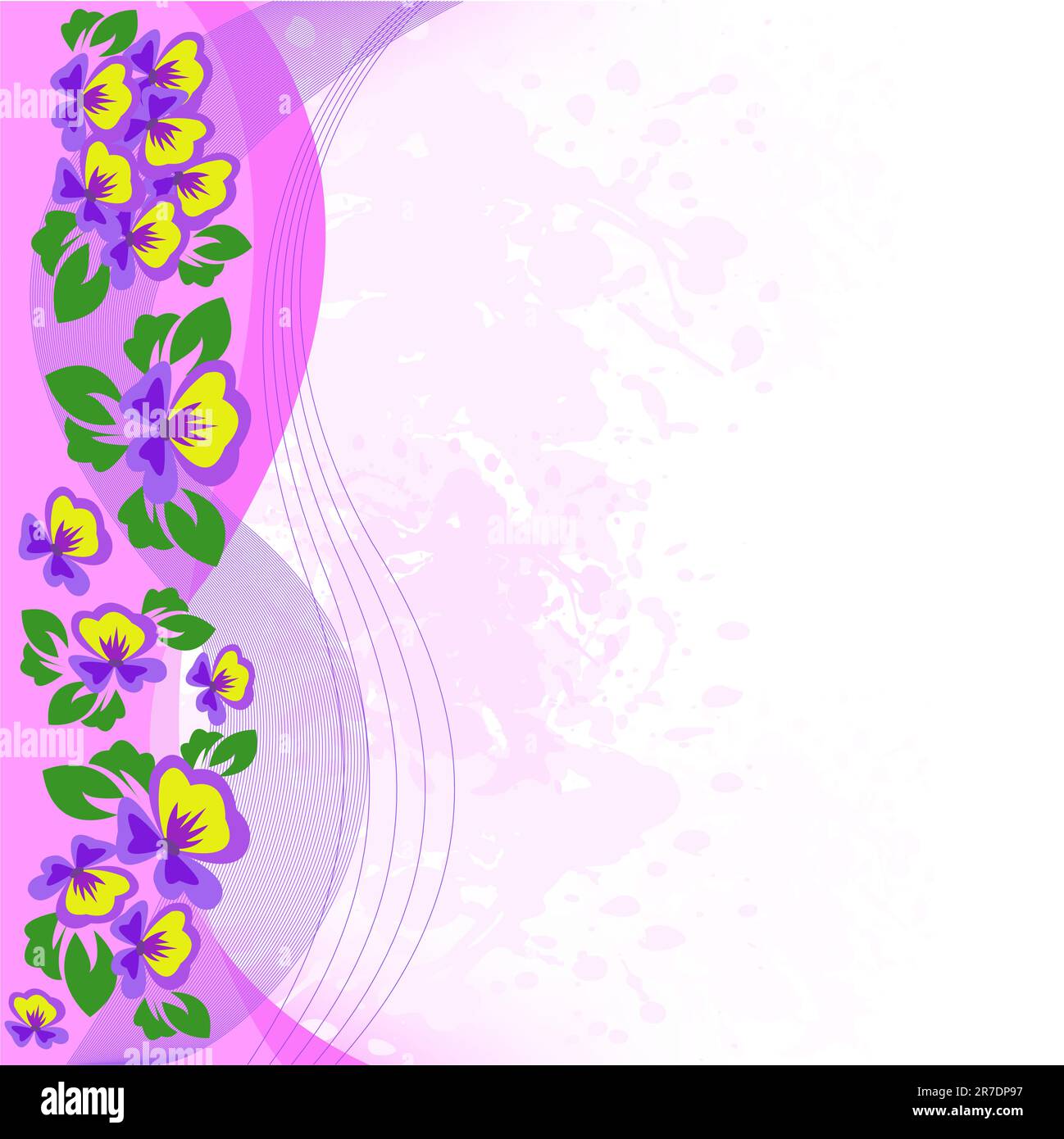 border of the bunch of violets on the spattered pink background Stock ...