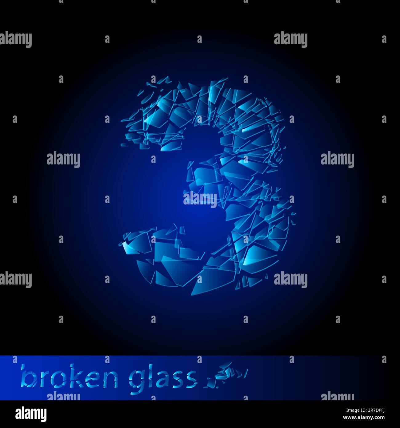 One symbol of broken glass - digit three. Illustration on black ...