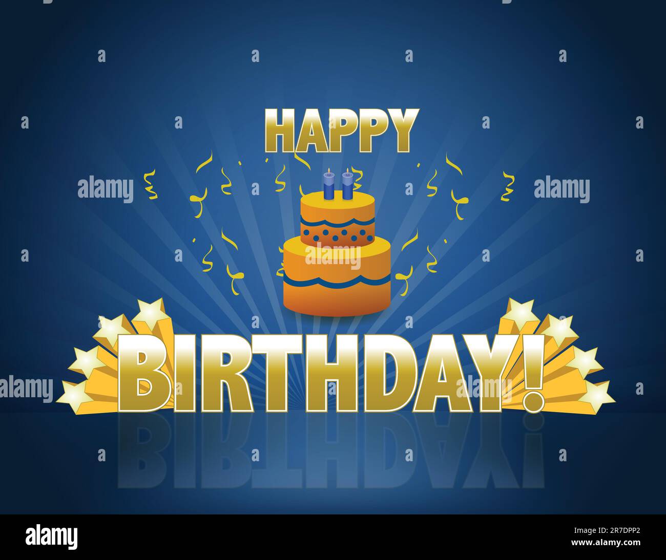 Happy birthday card with golden stars, rays of light and birthday cake ...