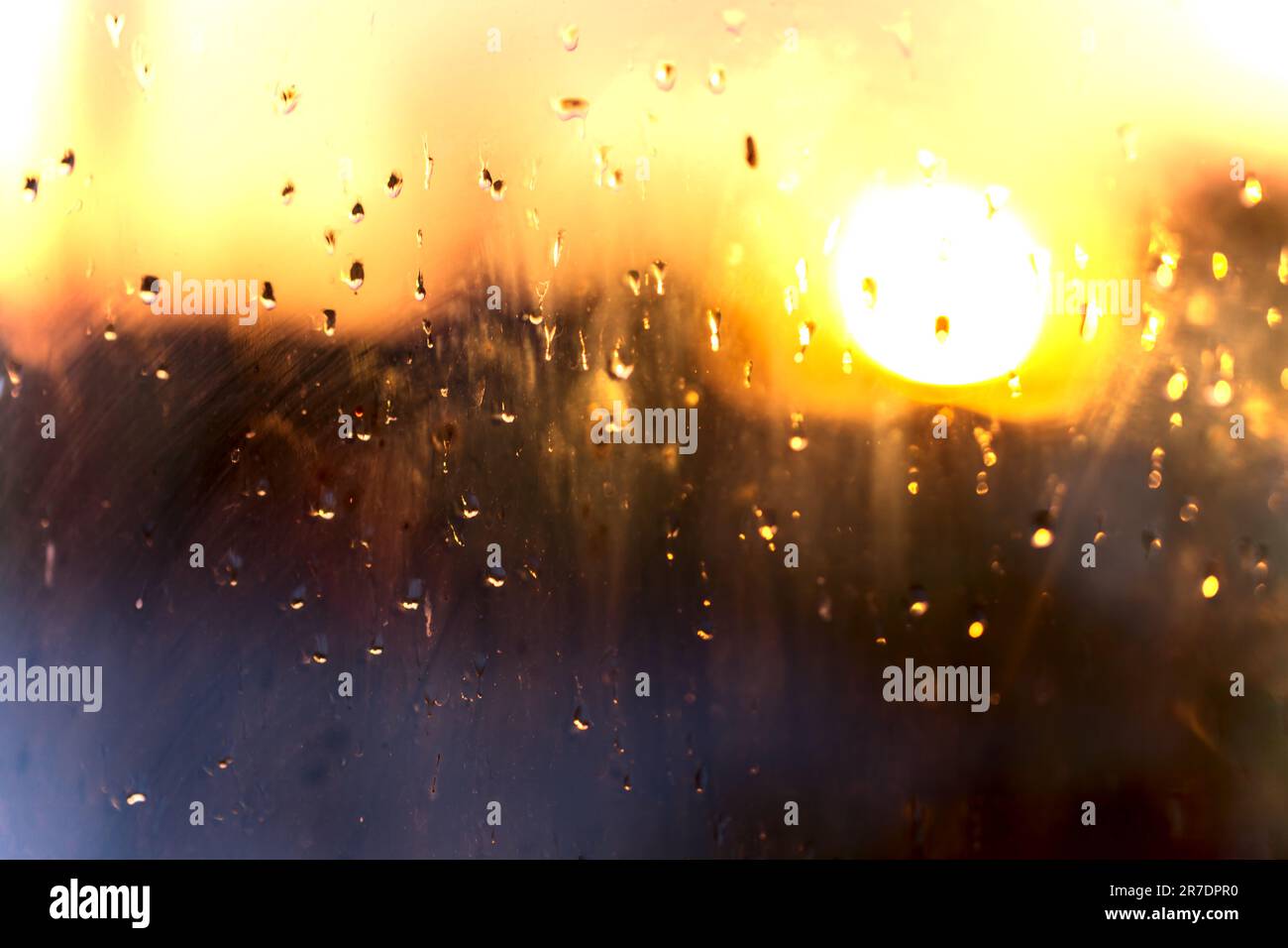 Blurred Sunset Background. View Window Glass. Rain Drops Sunset Bokeh ...